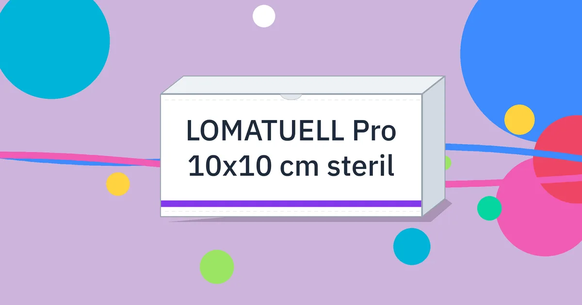 Symbolbild: Packung mit der Aufschrift LOMATUELL Pro 10x10 cm steril (PZN 19900060) – Verfügbarkeit und Bezug in Apotheken in Frankfurt am Main