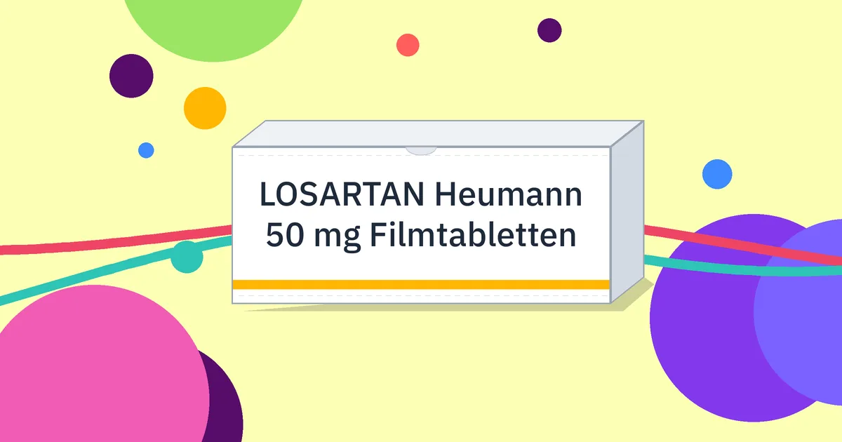 Symbolbild: Packung mit der Aufschrift LOSARTAN Heumann 50 mg Filmtabletten (PZN 05371652) – Verfügbarkeit und Bezug in Apotheken in Frankfurt am Main