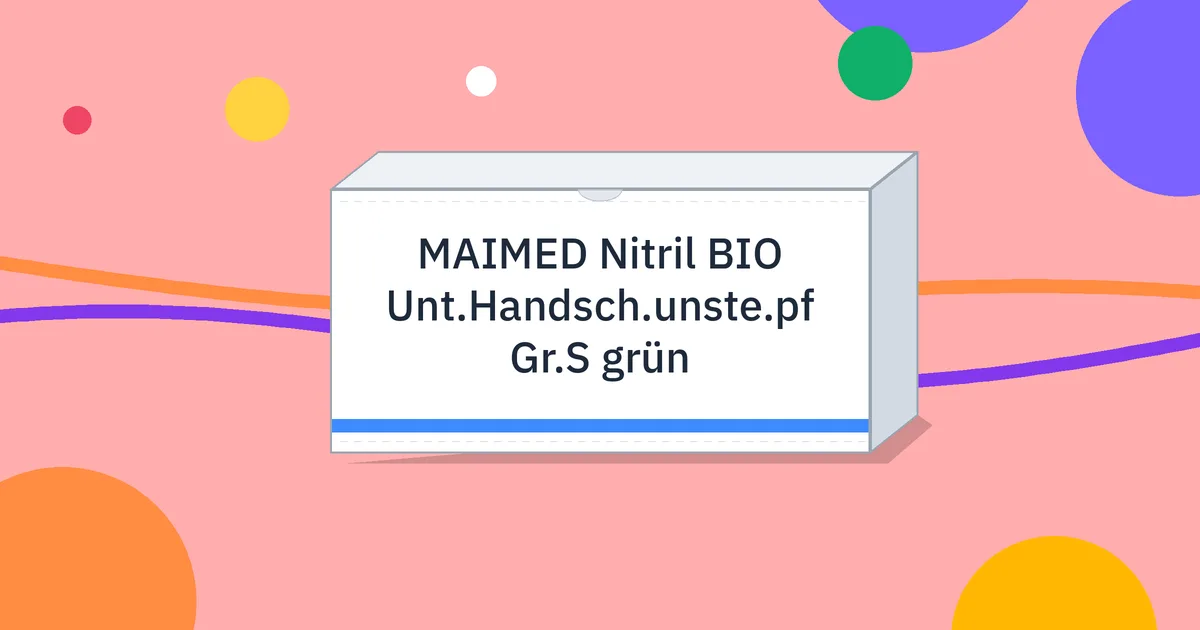 Symbolbild: Packung mit der Aufschrift MAIMED Nitril BIO Unt.Handsch.unste.pf Gr.S grün (PZN 18446009) – Verfügbarkeit und Bezug in Apotheken in Frankfurt am Main