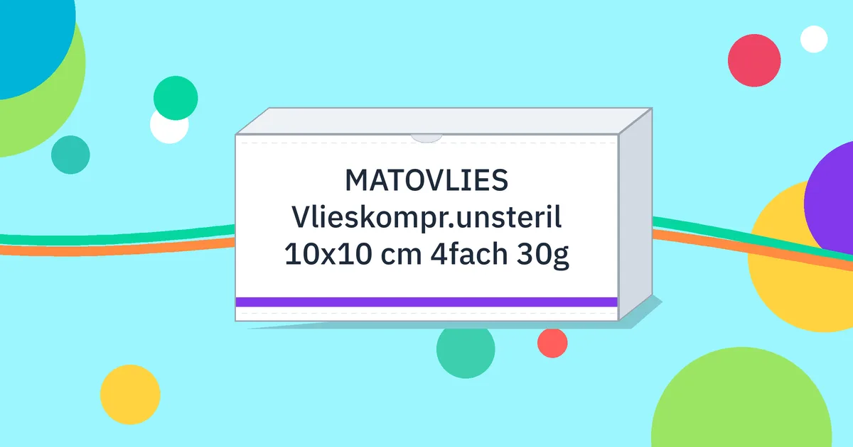 Symbolbild: Packung mit der Aufschrift MATOVLIES Vlieskompr.unsteril 10x10 cm 4fach 30g (PZN 16327364) – Verfügbarkeit und Bezug in Apotheken in Frankfurt am Main