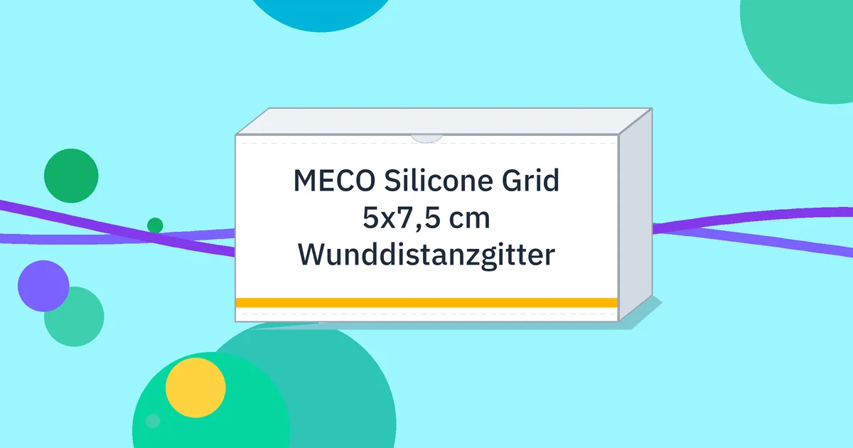 Symbolbild: Packung mit der Aufschrift MECO Silicone Grid 5x7,5 cm Wunddistanzgitter (PZN 20090703) – Verfügbarkeit und Bezug in Apotheken in Frankfurt am Main