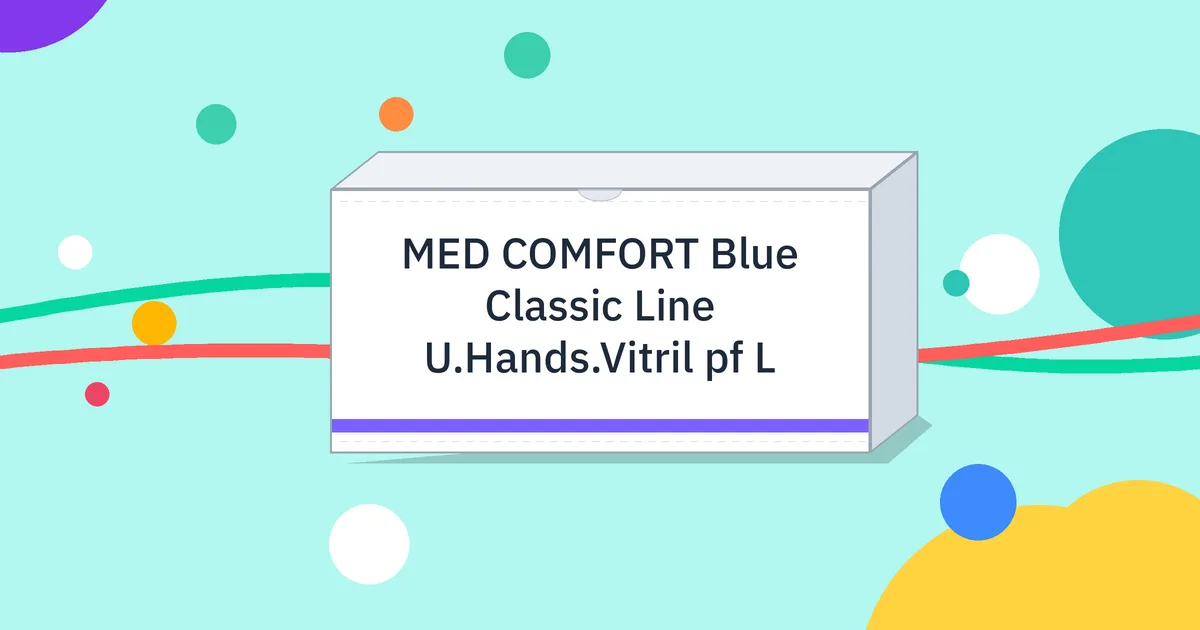 Symbolbild: Packung mit der Aufschrift MED COMFORT Blue Classic Line U.Hands.Vitril pf L (PZN 16880227) – Verfügbarkeit und Bezug in Apotheken in Frankfurt am Main