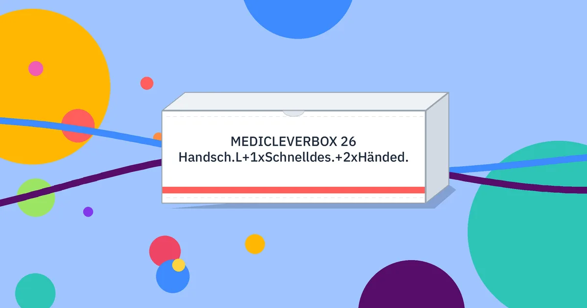 Symbolbild: Packung mit der Aufschrift MEDICLEVERBOX 26 Handsch.L+1xSchnelldes.+2xHänded. (PZN 19112606) – Verfügbarkeit und Bezug in Apotheken in Frankfurt am Main
