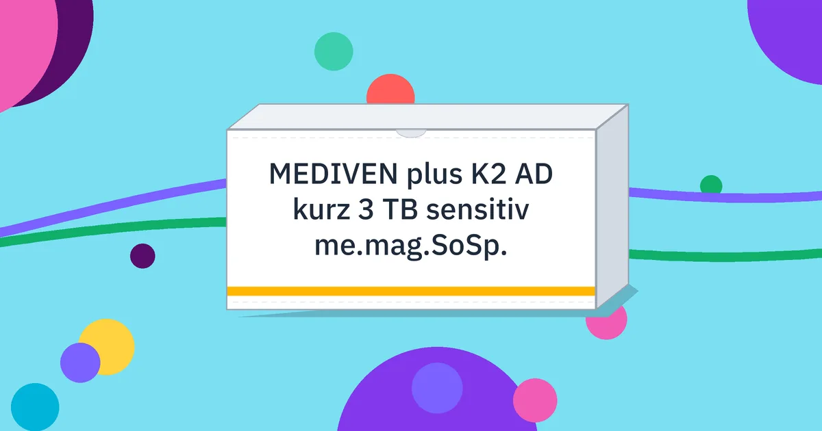 Symbolbild: Packung mit der Aufschrift MEDIVEN plus K2 AD kurz 3 TB sensitiv me.mag.SoSp. (PZN 15106649) – Verfügbarkeit und Bezug in Apotheken in Frankfurt am Main