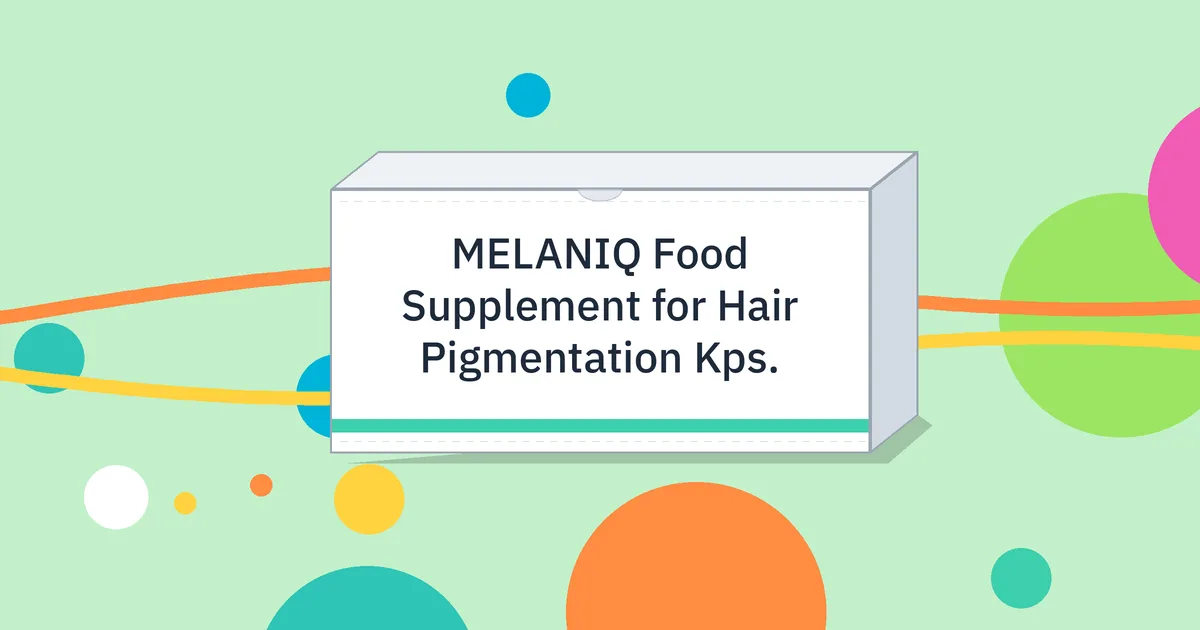 Symbolbild: Packung mit der Aufschrift MELANIQ Food Supplement for Hair Pigmentation Kps. (PZN 12672207) – Verfügbarkeit und Bezug in Apotheken in Frankfurt am Main