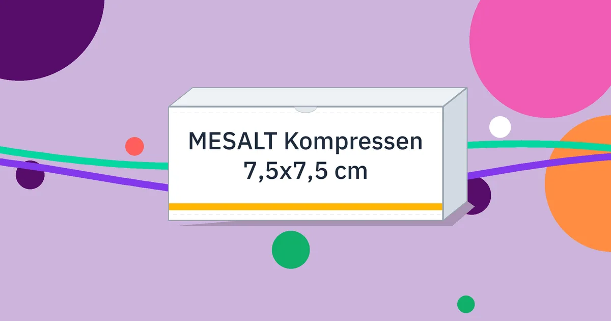 Symbolbild: Packung mit der Aufschrift MESALT Kompressen 7,5x7,5 cm (PZN 10264585) – Verfügbarkeit und Bezug in Apotheken in Frankfurt am Main