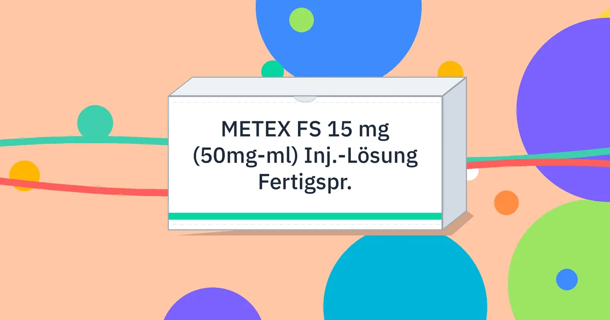 Symbolbild: Packung mit der Aufschrift METEX FS 15 mg (50mg-ml) Inj.-Lösung Fertigspr. (PZN 19306776) – Verfügbarkeit und Bezug in Apotheken in Frankfurt am Main