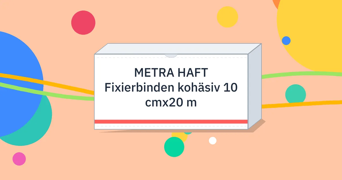 Symbolbild: Packung mit der Aufschrift METRA HAFT Fixierbinden kohäsiv 10 cmx20 m (PZN 07772295) – Verfügbarkeit und Bezug in Apotheken in Frankfurt am Main