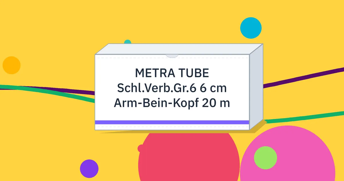 Symbolbild: Packung mit der Aufschrift METRA TUBE Schl.Verb.Gr.6 6 cm Arm-Bein-Kopf 20 m (PZN 07772579) – Verfügbarkeit und Bezug in Apotheken in Frankfurt am Main