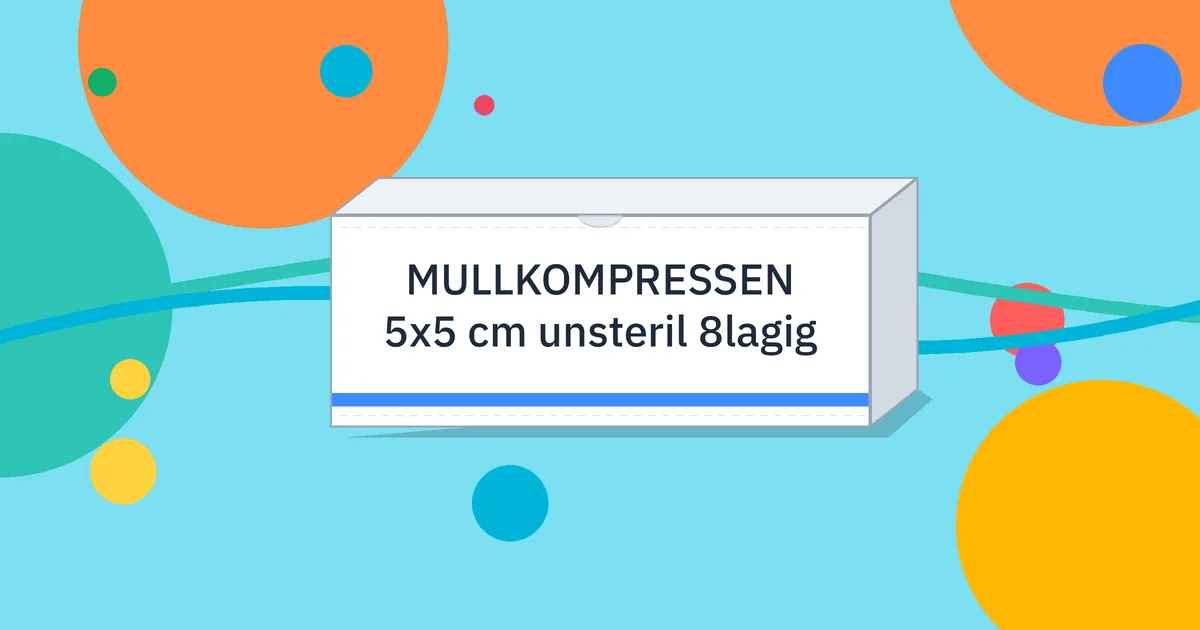 Symbolbild: Packung mit der Aufschrift MULLKOMPRESSEN 5x5 cm unsteril 8lagig (PZN 01651219) – Verfügbarkeit und Bezug in Apotheken in Frankfurt am Main