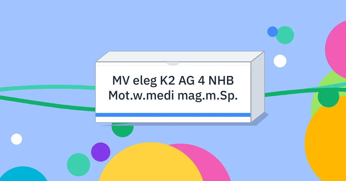 Symbolbild: Packung mit der Aufschrift MV eleg K2 AG 4 NHB Mot.w.medi mag.m.Sp. (PZN 15726783) – Verfügbarkeit und Bezug in Apotheken in Frankfurt am Main