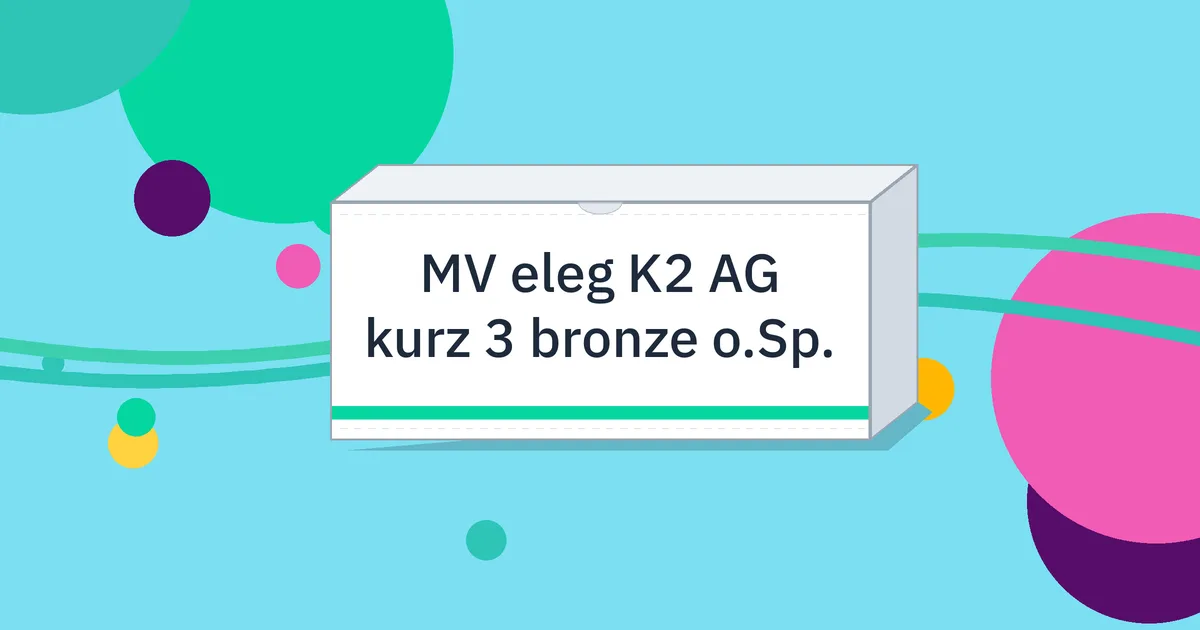 Symbolbild: Packung mit der Aufschrift MV eleg K2 AG kurz 3 bronze o.Sp. (PZN 14717210) – Verfügbarkeit und Bezug in Apotheken in Frankfurt am Main
