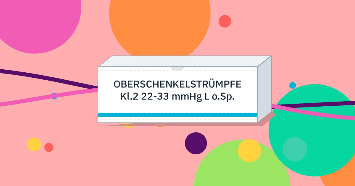 Symbolbild: Packung mit der Aufschrift OBERSCHENKELSTRÜMPFE Kl.2 22-33 mmHg L o.Sp. (PZN 19072545) – Verfügbarkeit und Bezug in Apotheken in Frankfurt am Main