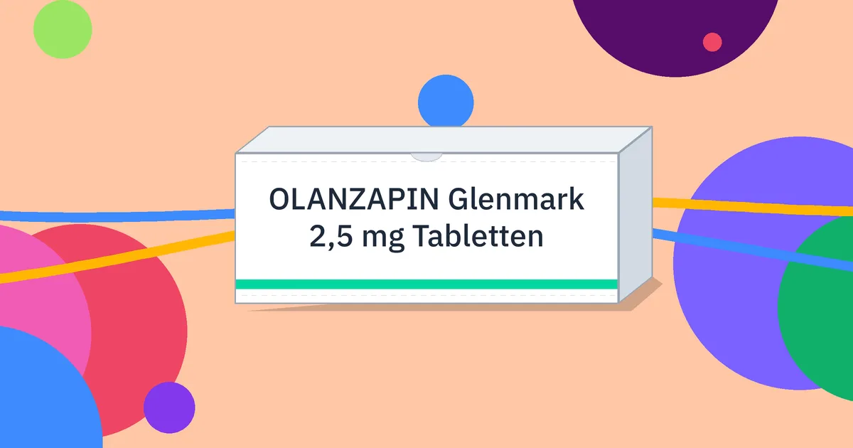 Symbolbild: Packung mit der Aufschrift OLANZAPIN Glenmark 2,5 mg Tabletten (PZN 09465893) – Verfügbarkeit und Bezug in Apotheken in Frankfurt am Main