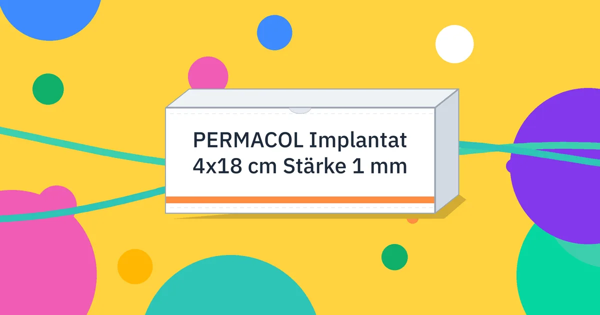 Symbolbild: Packung mit der Aufschrift PERMACOL Implantat 4x18 cm Stärke 1 mm (PZN 05869553) – Verfügbarkeit und Bezug in Apotheken in Frankfurt am Main