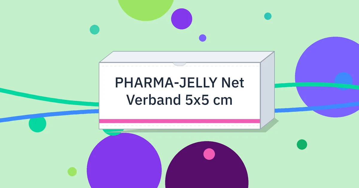 Symbolbild: Packung mit der Aufschrift PHARMA-JELLY Net Verband 5x5 cm (PZN 12897538) – Verfügbarkeit und Bezug in Apotheken in Frankfurt am Main