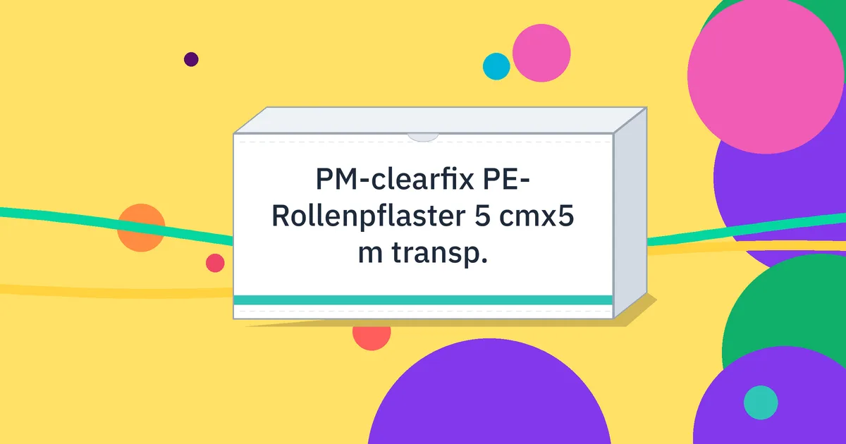 Symbolbild: Packung mit der Aufschrift PM-clearfix PE-Rollenpflaster 5 cmx5 m transp. (PZN 18845347) – Verfügbarkeit und Bezug in Apotheken in Frankfurt am Main