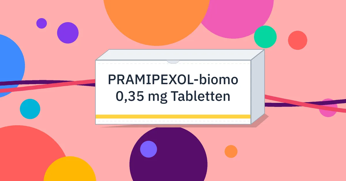 Symbolbild: Packung mit der Aufschrift PRAMIPEXOL-biomo 0,35 mg Tabletten (PZN 07519455) – Verfügbarkeit und Bezug in Apotheken in Frankfurt am Main