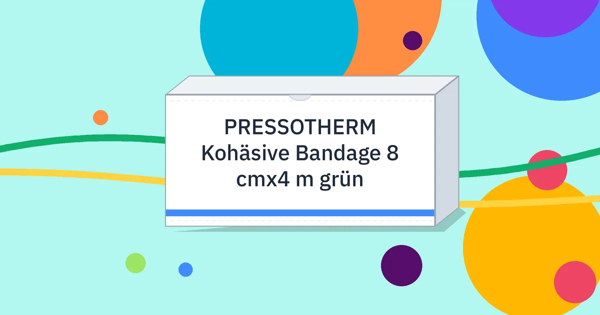Symbolbild: Packung mit der Aufschrift PRESSOTHERM Kohäsive Bandage 8 cmx4 m grün (PZN 02002411) – Verfügbarkeit und Bezug in Apotheken in Frankfurt am Main
