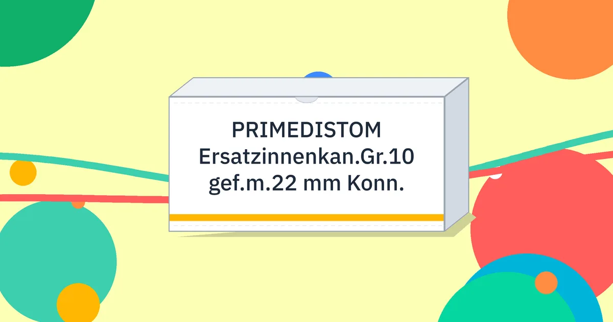 Symbolbild: Packung mit der Aufschrift PRIMEDISTOM Ersatzinnenkan.Gr.10 gef.m.22 mm Konn. (PZN 10257355) – Verfügbarkeit und Bezug in Apotheken in Frankfurt am Main