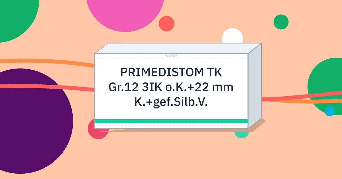 Symbolbild: Packung mit der Aufschrift PRIMEDISTOM TK Gr.12 3IK o.K.+22 mm K.+gef.Silb.V. (PZN 10262729) – Verfügbarkeit und Bezug in Apotheken in Frankfurt am Main