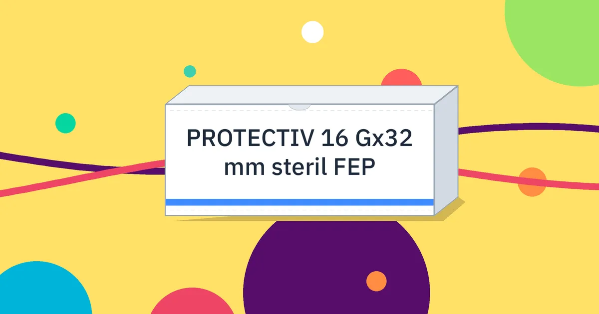 Symbolbild: Packung mit der Aufschrift PROTECTIV 16 Gx32 mm steril FEP (PZN 09104333) – Verfügbarkeit und Bezug in Apotheken in Frankfurt am Main