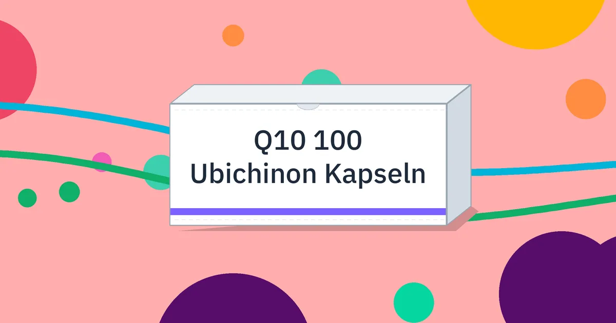 Symbolbild: Packung mit der Aufschrift Q10 100 Ubichinon Kapseln (PZN 16044399) – Verfügbarkeit und Bezug in Apotheken in Frankfurt am Main