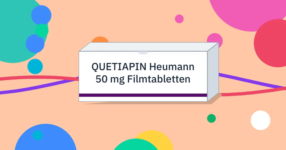 Symbolbild: Packung mit der Aufschrift QUETIAPIN Heumann 50 mg Filmtabletten (PZN 01786729) – Verfügbarkeit und Bezug in Apotheken in Frankfurt am Main