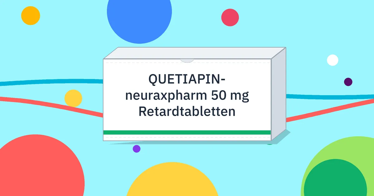 Symbolbild: Packung mit der Aufschrift QUETIAPIN-neuraxpharm 50 mg Retardtabletten (PZN 09445784) – Verfügbarkeit und Bezug in Apotheken in Frankfurt am Main