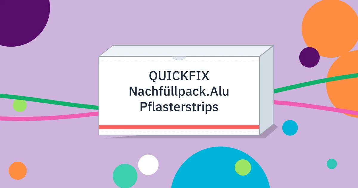 Symbolbild: Packung mit der Aufschrift QUICKFIX Nachfüllpack.Alu Pflasterstrips (PZN 15386235) – Verfügbarkeit und Bezug in Apotheken in Frankfurt am Main