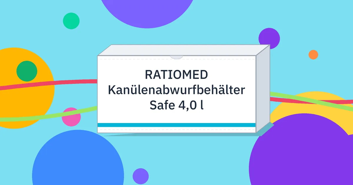 Symbolbild: Packung mit der Aufschrift RATIOMED Kanülenabwurfbehälter Safe 4,0 l (PZN 18197210) – Verfügbarkeit und Bezug in Apotheken in Frankfurt am Main