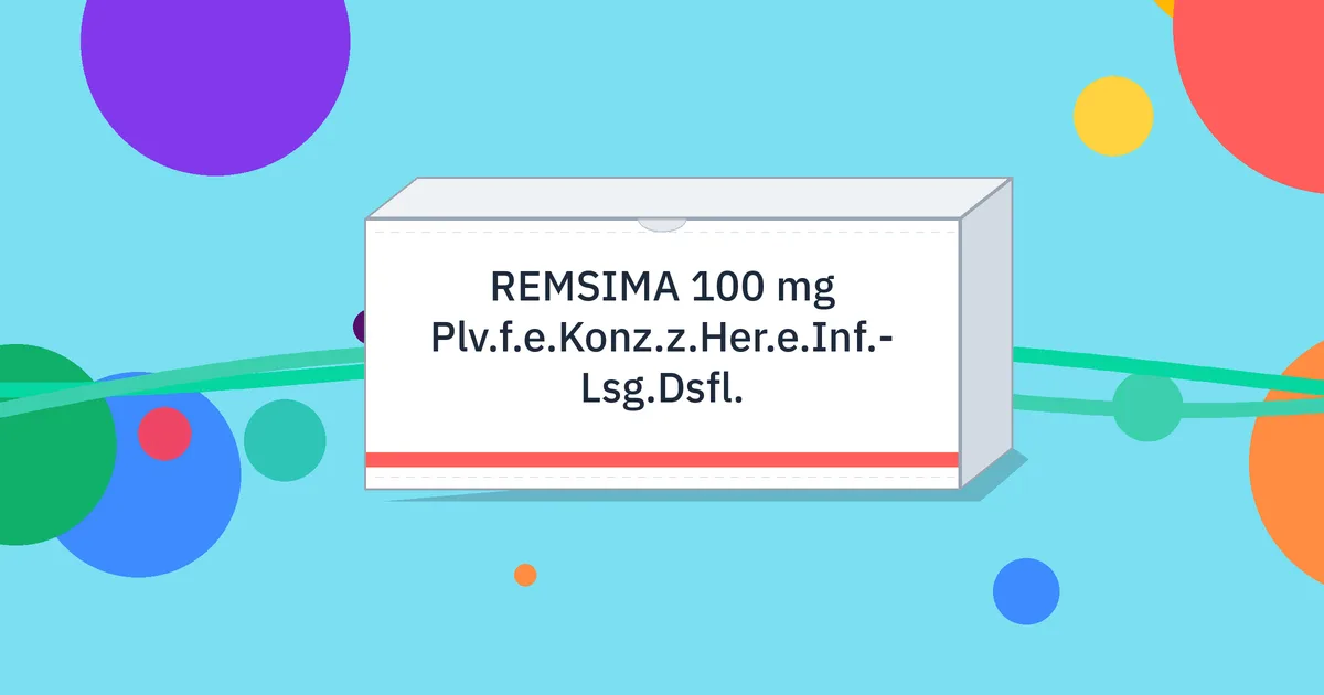 Symbolbild: Packung mit der Aufschrift REMSIMA 100 mg Plv.f.e.Konz.z.Her.e.Inf.-Lsg.Dsfl. (PZN 11174223) – Verfügbarkeit und Bezug in Apotheken in Frankfurt am Main