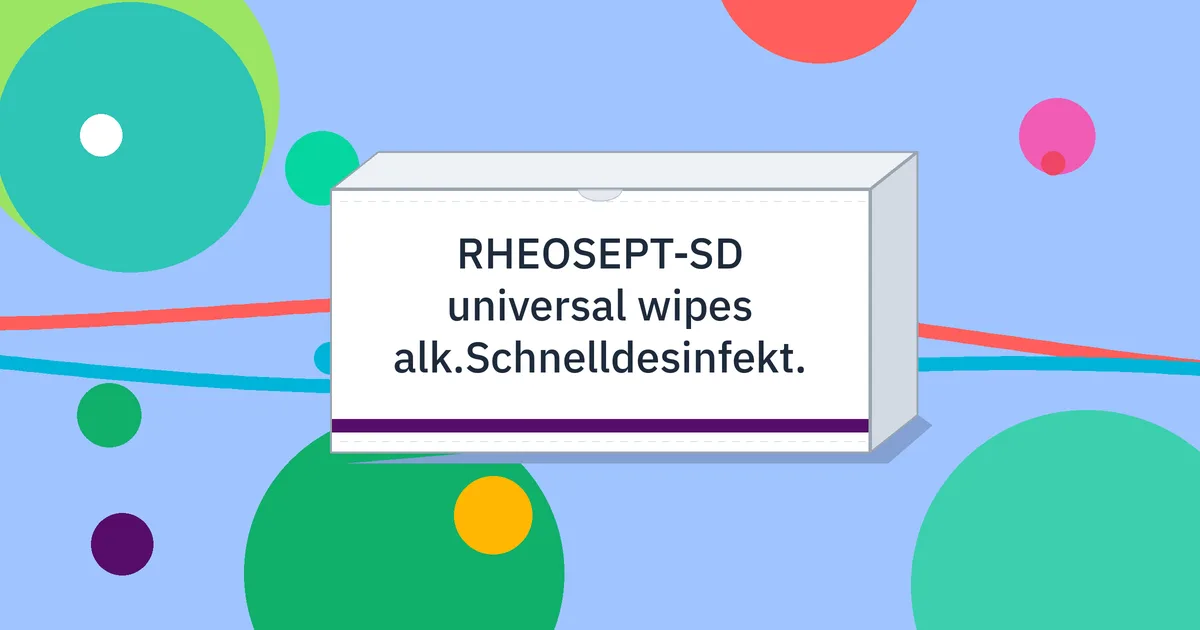 Symbolbild: Packung mit der Aufschrift RHEOSEPT-SD universal wipes alk.Schnelldesinfekt. (PZN 17271772) – Verfügbarkeit und Bezug in Apotheken in Frankfurt am Main