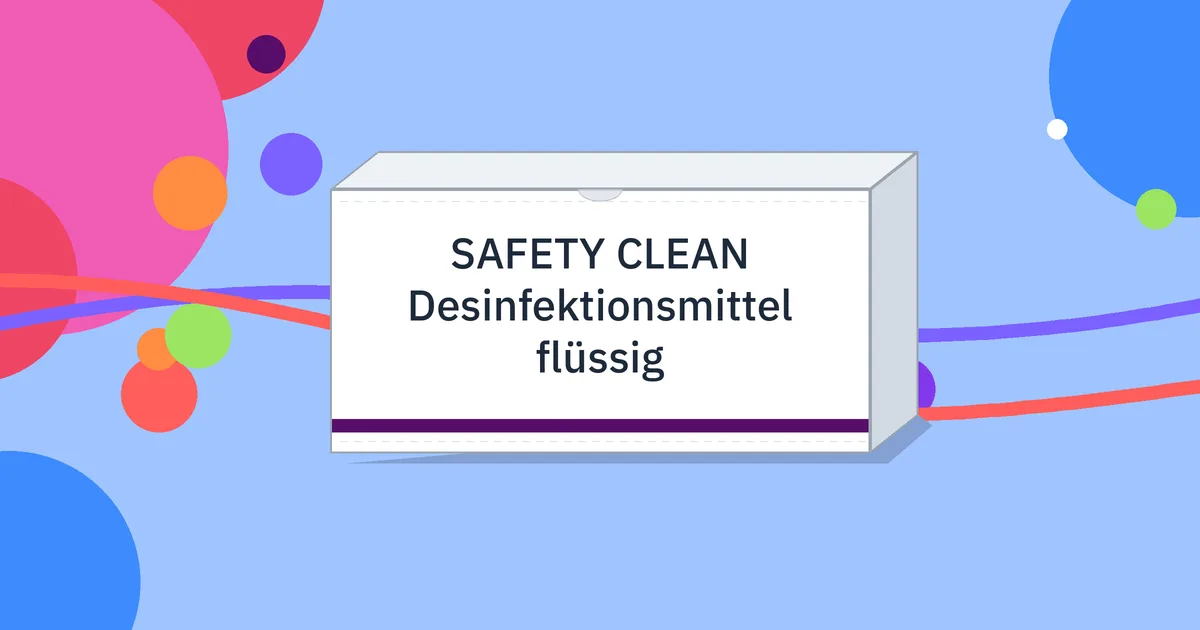 Symbolbild: Packung mit der Aufschrift SAFETY CLEAN Desinfektionsmittel flüssig (PZN 16795131) – Verfügbarkeit und Bezug in Apotheken in Frankfurt am Main