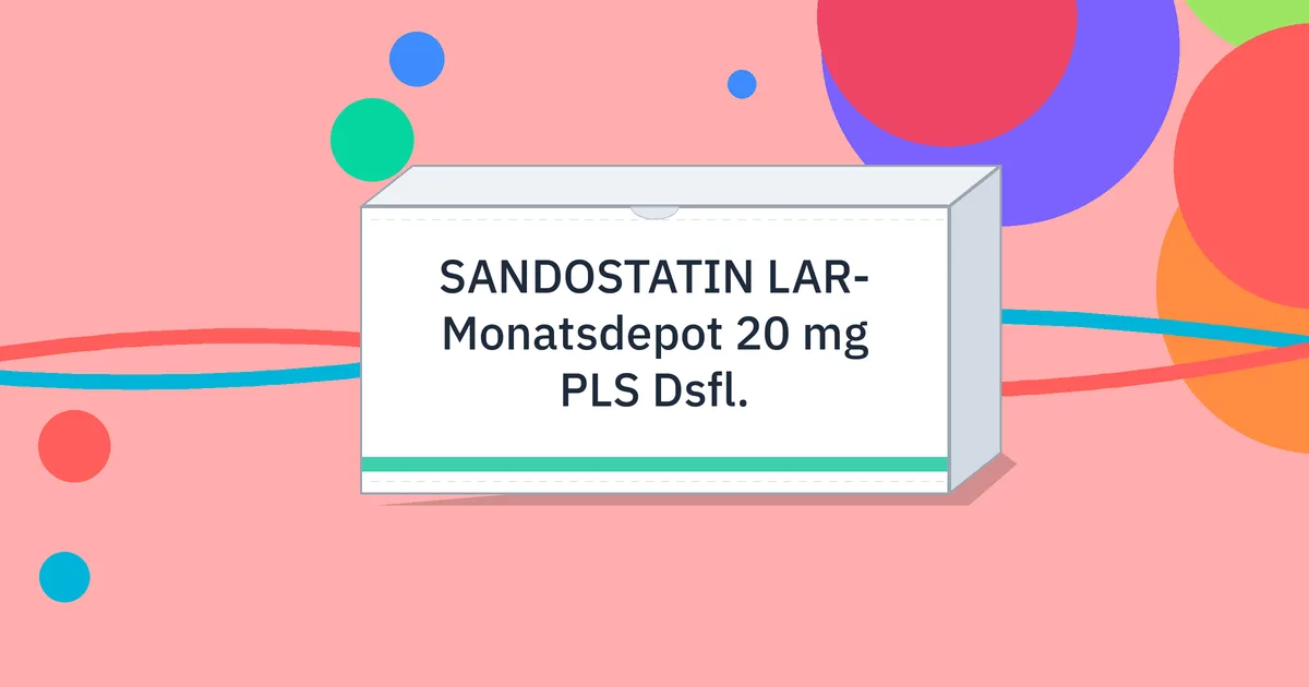 Symbolbild: Packung mit der Aufschrift SANDOSTATIN LAR-Monatsdepot 20 mg PLS Dsfl. (PZN 02434381) – Verfügbarkeit und Bezug in Apotheken in Frankfurt am Main