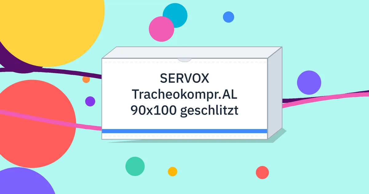 Symbolbild: Packung mit der Aufschrift SERVOX Tracheokompr.AL 90x100 geschlitzt (PZN 08469512) – Verfügbarkeit und Bezug in Apotheken in Frankfurt am Main