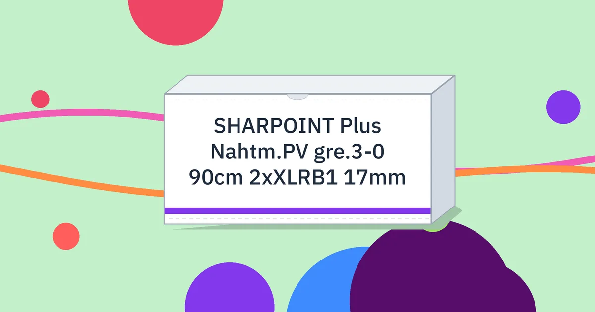 Symbolbild: Packung mit der Aufschrift SHARPOINT Plus Nahtm.PV gre.3-0 90cm 2xXLRB1 17mm (PZN 17996446) – Verfügbarkeit und Bezug in Apotheken in Frankfurt am Main