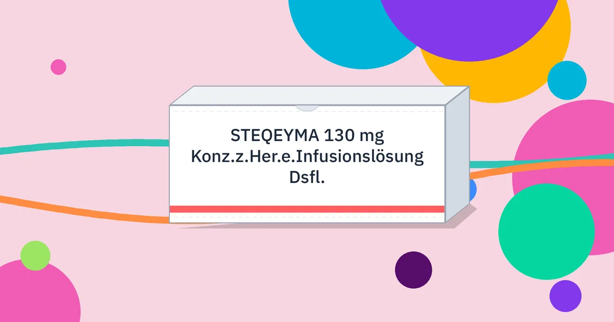 Symbolbild: Packung mit der Aufschrift STEQEYMA 130 mg Konz.z.Her.e.Infusionslösung Dsfl. (PZN 19175251) – Verfügbarkeit und Bezug in Apotheken in Frankfurt am Main