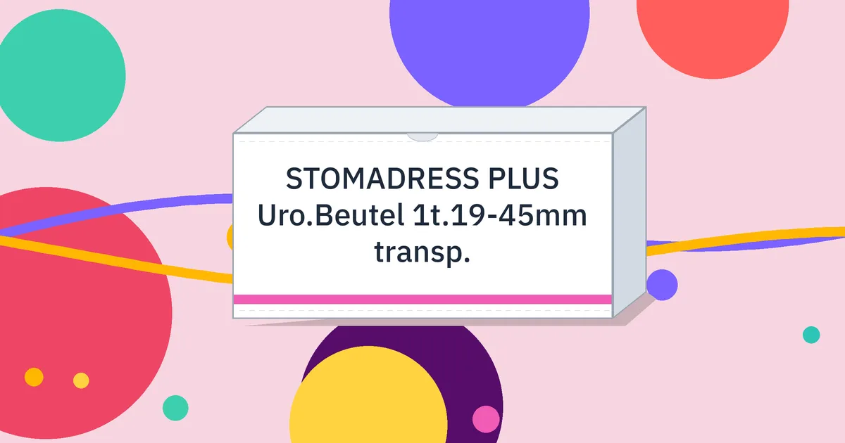 Symbolbild: Packung mit der Aufschrift STOMADRESS PLUS Uro.Beutel 1t.19-45mm transp. (PZN 04328648) – Verfügbarkeit und Bezug in Apotheken in Frankfurt am Main