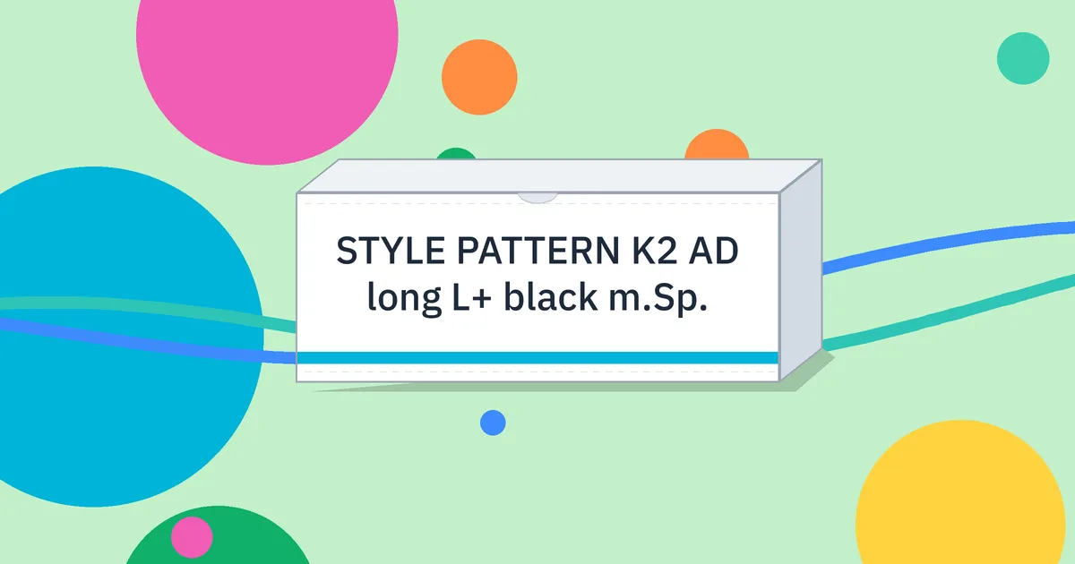 Symbolbild: Packung mit der Aufschrift STYLE PATTERN K2 AD long L+ black m.Sp. (PZN 19695387) – Verfügbarkeit und Bezug in Apotheken in Frankfurt am Main