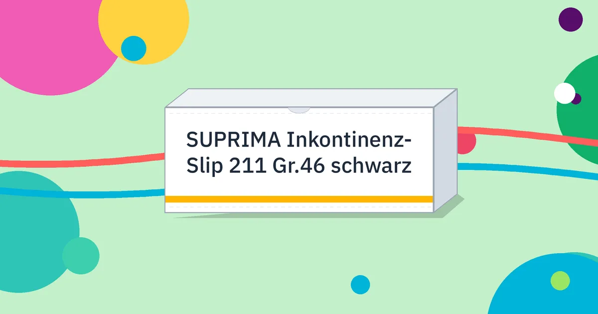Symbolbild: Packung mit der Aufschrift SUPRIMA Inkontinenz-Slip 211 Gr.46 schwarz (PZN 00709129) – Verfügbarkeit und Bezug in Apotheken in Frankfurt am Main