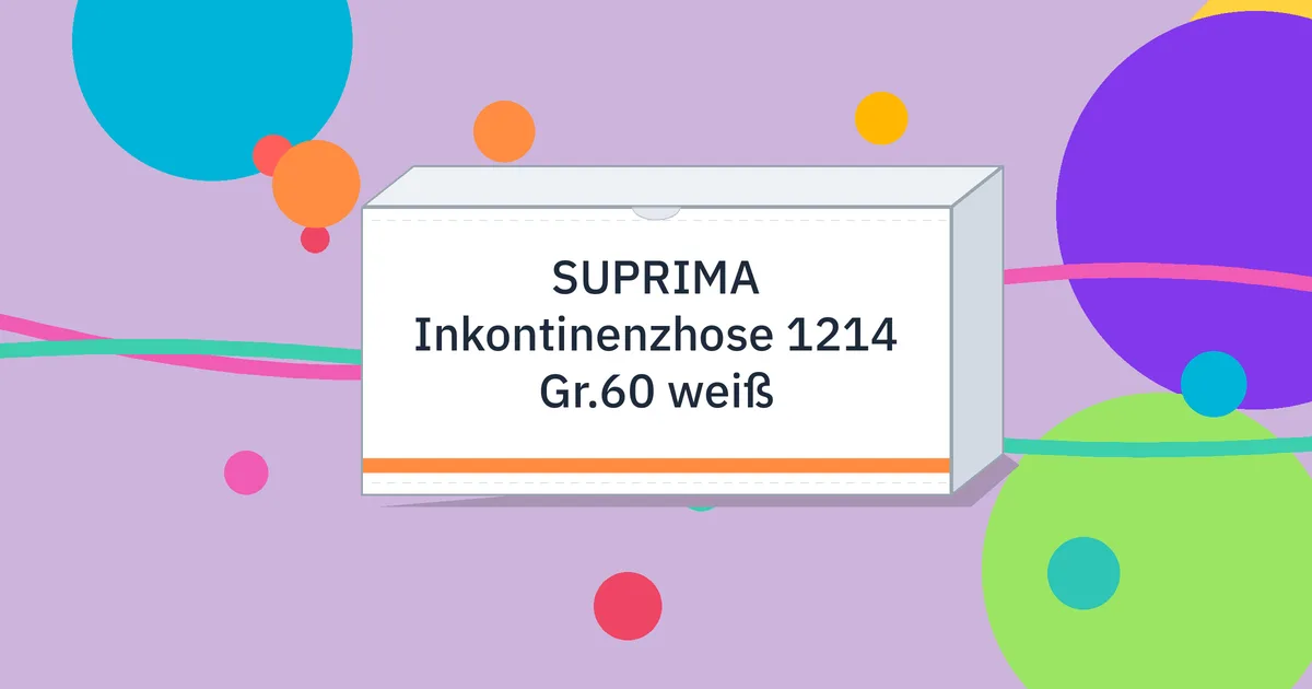 Symbolbild: Packung mit der Aufschrift SUPRIMA Inkontinenzhose 1214 Gr.60 weiß (PZN 02852612) – Verfügbarkeit und Bezug in Apotheken in Frankfurt am Main