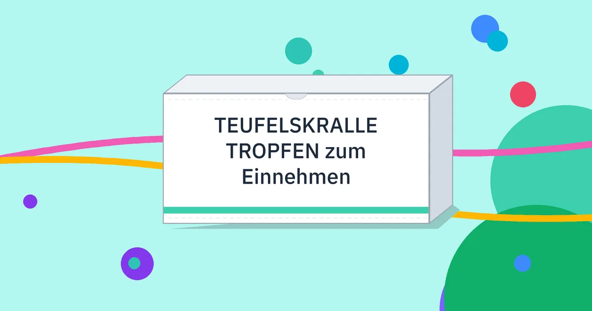 Symbolbild: Packung mit der Aufschrift TEUFELSKRALLE TROPFEN zum Einnehmen (PZN 11867475) – Verfügbarkeit und Bezug in Apotheken in Frankfurt am Main