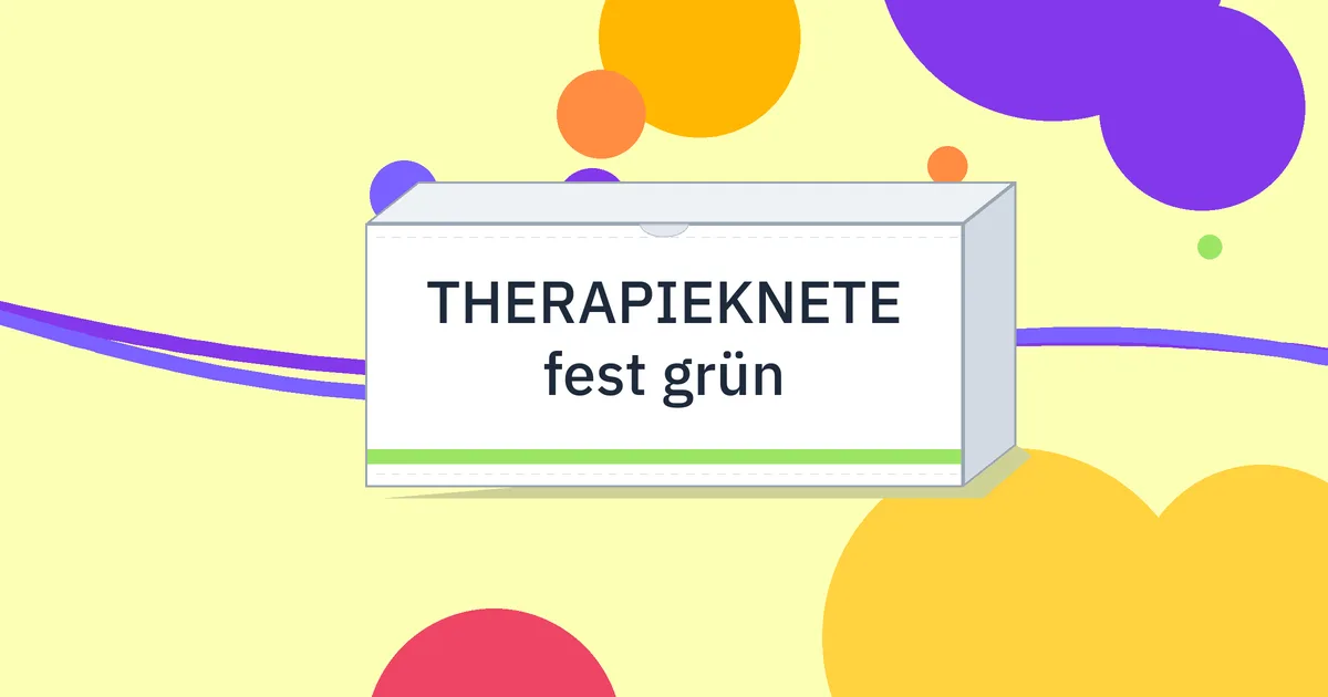 Symbolbild: Packung mit der Aufschrift THERAPIEKNETE fest grün (PZN 15658840) – Verfügbarkeit und Bezug in Apotheken in Frankfurt am Main