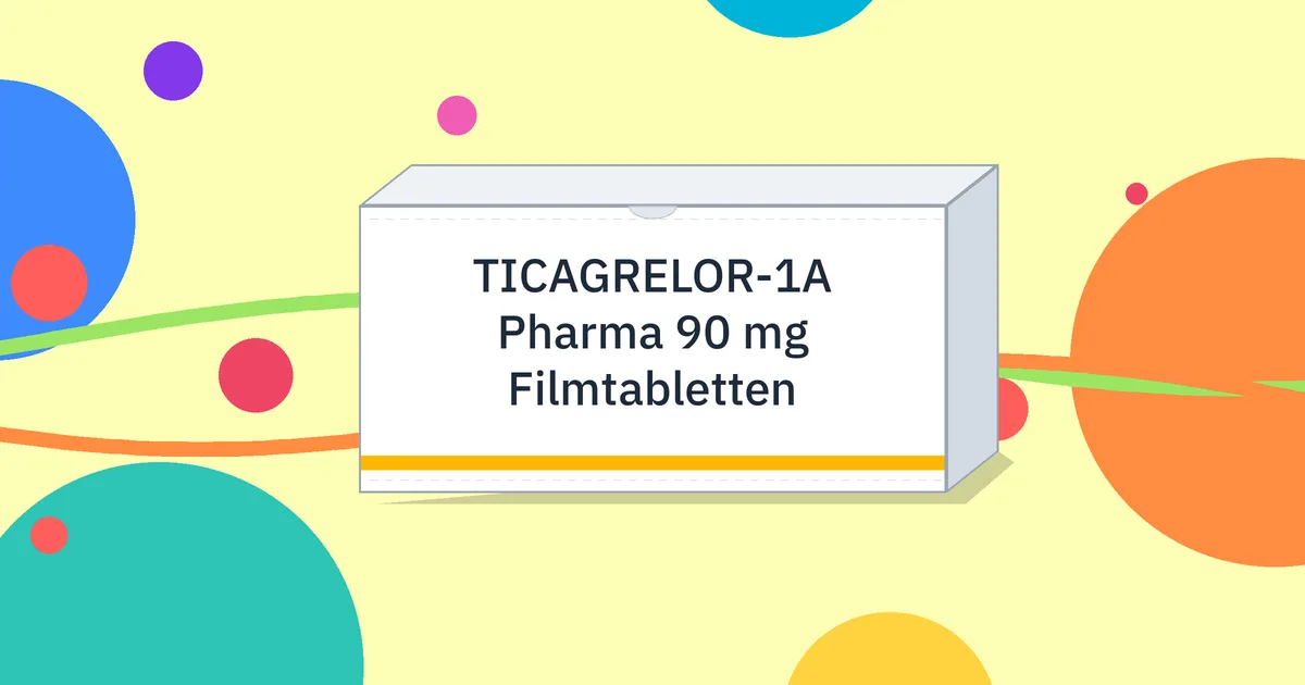 Symbolbild: Packung mit der Aufschrift TICAGRELOR-1A Pharma 90 mg Filmtabletten (PZN 19399269) – Verfügbarkeit und Bezug in Apotheken in Frankfurt am Main