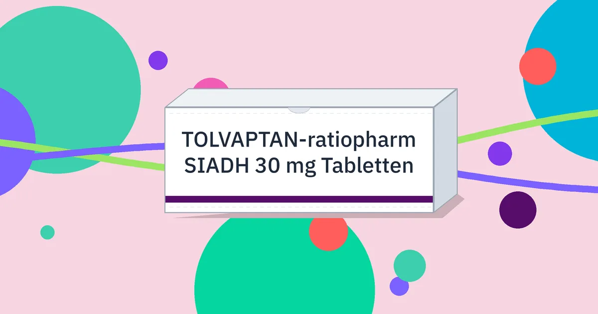 Symbolbild: Packung mit der Aufschrift TOLVAPTAN-ratiopharm SIADH 30 mg Tabletten (PZN 20058065) – Verfügbarkeit und Bezug in Apotheken in Frankfurt am Main