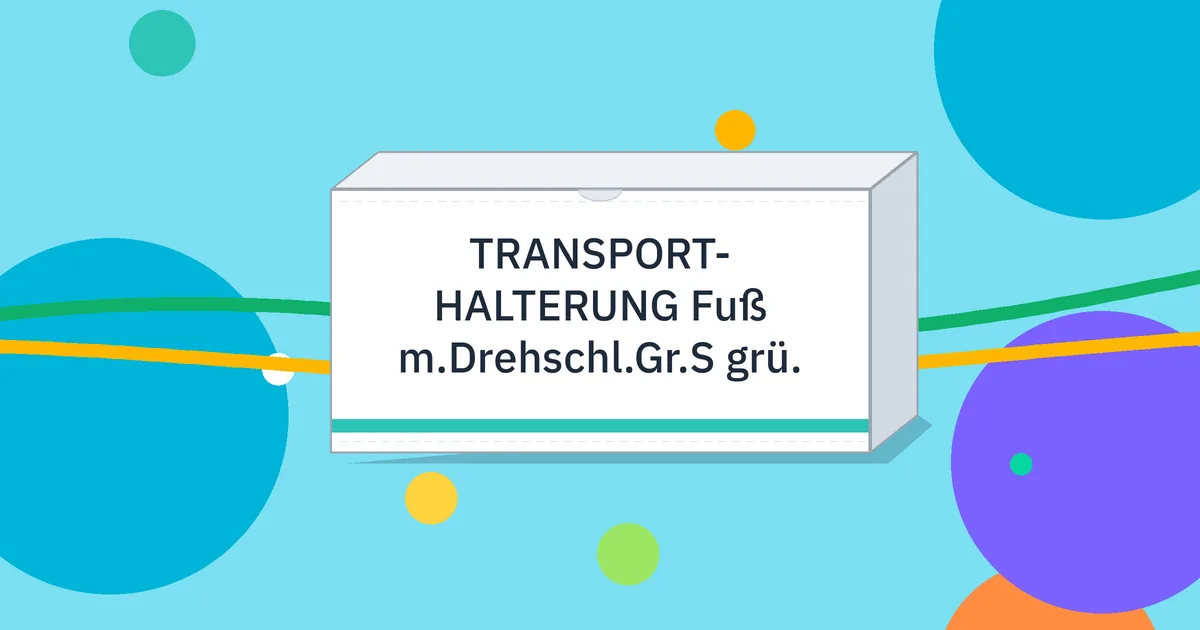 Symbolbild: Packung mit der Aufschrift TRANSPORT-HALTERUNG Fuß m.Drehschl.Gr.S grü. (PZN 17280021) – Verfügbarkeit und Bezug in Apotheken in Frankfurt am Main