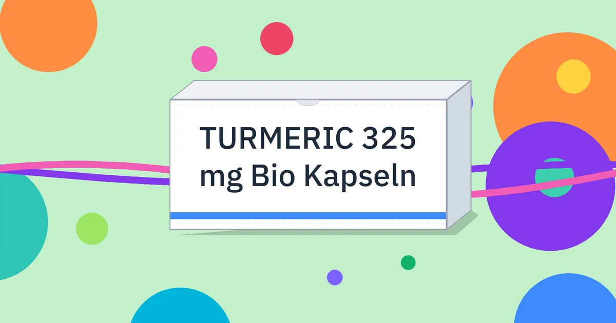 Symbolbild: Packung mit der Aufschrift TURMERIC 325 mg Bio Kapseln (PZN 18412252) – Verfügbarkeit und Bezug in Apotheken in Frankfurt am Main
