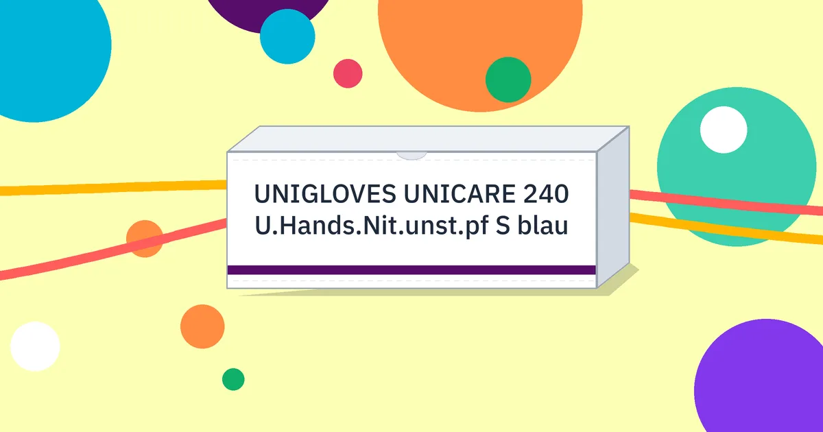 Symbolbild: Packung mit der Aufschrift UNIGLOVES UNICARE 240 U.Hands.Nit.unst.pf S blau (PZN 19907211) – Verfügbarkeit und Bezug in Apotheken in Frankfurt am Main