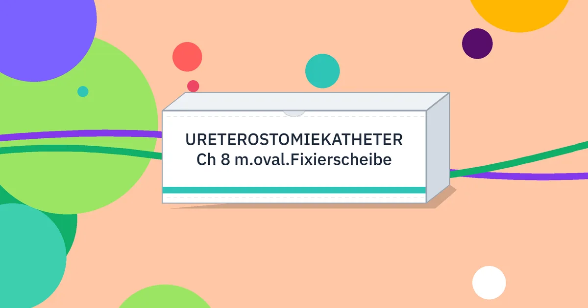 Symbolbild: Packung mit der Aufschrift URETEROSTOMIEKATHETER Ch 8 m.oval.Fixierscheibe (PZN 17508961) – Verfügbarkeit und Bezug in Apotheken in Frankfurt am Main